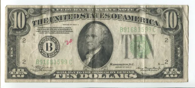 1934-A TEN DOLLAR Off Center Reverse Federal Reserve Note $10 Bill #129 ...