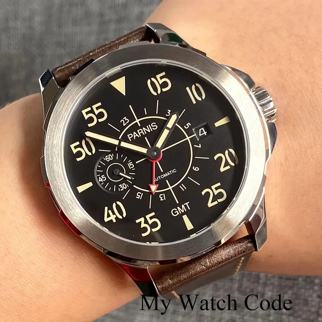 MEN'S PARNIS 25 JEWELS AUTOMATIC GMT PILOT EXIBITION BACK S/S Watch $40 ...