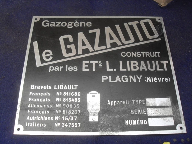 PLAQUE EN MÉTAL pour GAZOGENE des ETs " L.LBAULT LE GAZAUTO " années 40 ...