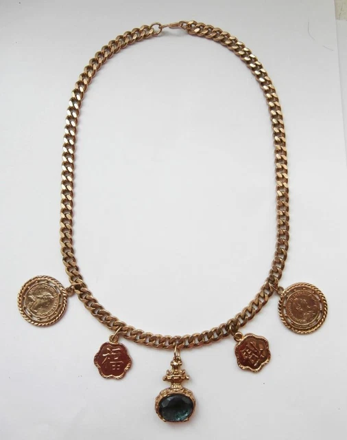 BN VINTAGE 1980'S Antiqued Gold Metal, Blue Gem & Coin & Chinese Charm ...