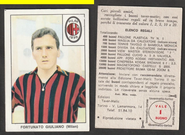 FIGURINA CALCIATORI PRISMATICA Ed. Tavermatic 1965-66 Milan Fortunato ...