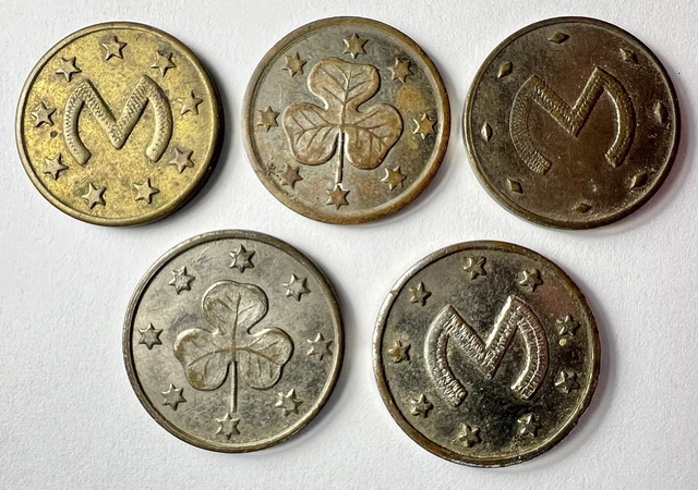 5 DIFFERENT 1930S Letter M Minnesota Arcade Gaming Pinball Trade Tokens ...