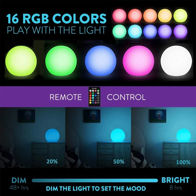 RGB COLOR-CHANGING LED GLOBE Orb Light w/Remote, Mood Lamp Kids Night ...