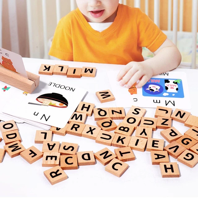 WOODEN BLOCKS SPELLING Game with Flash Cards Words for Toddler Kids £17 ...