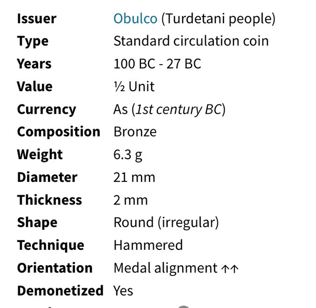 TURDETANI PEOPLE RARE Ancient Celtic Iberian Coin 100 BC-27 BC Obulco ...