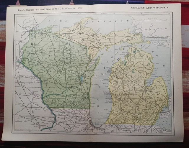 1902 TRAIN ROUTE Map MICHIGAN WISCONSIN All Railroad Lines Stations 11 ...
