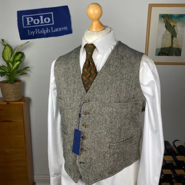 Polo Ralph Lauren Mens Charcoal Herringbone Wool Tweed Vest Waistcoat