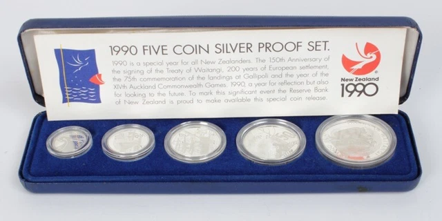 NEW ZEALAND: 1990 Proof 5-Coin Pure Silver Set Cat NZ$130, 150th Anniv ...