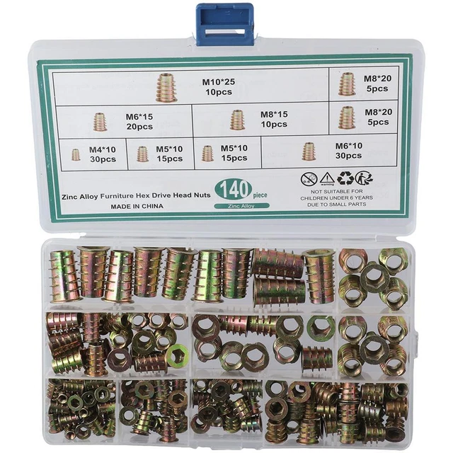 140PCS 7 SIZES Threaded Inserts Furniture Hex Drive Head Nuts Wood ...