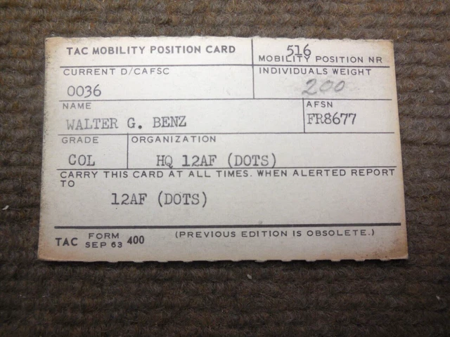 1963 VIETNAM WAR USAF TAC Tactical Air Command Mobility Position Card ...