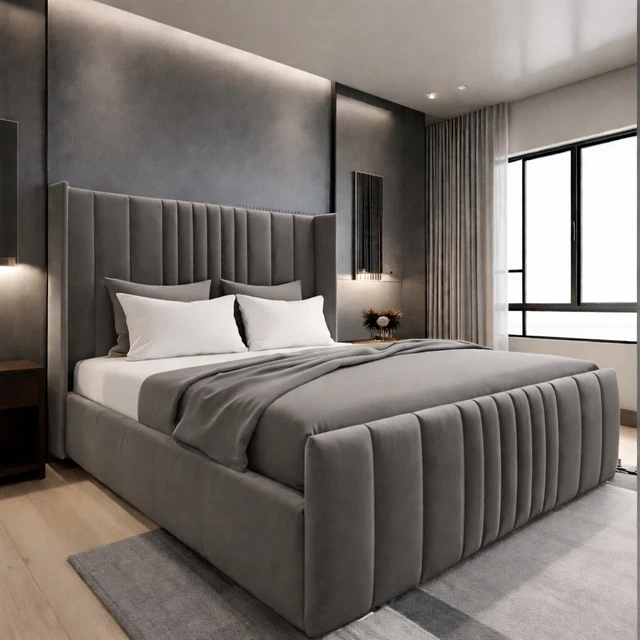 KING SIZE LINES BED UPHOLSTERED VELVET GAS LIFT STORAGE ALL SIZES ...