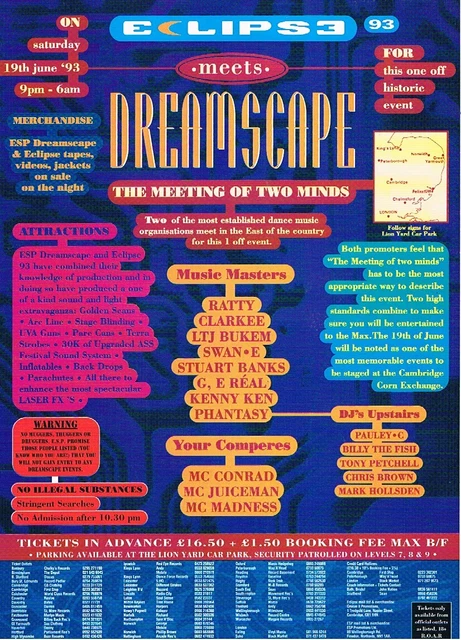ESP DREAMSCAPE MEETS ECLIPSE Rave Flyer 19/6/93 A4 Cambridge Corn ...
