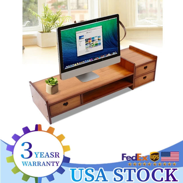 BAMBOO MONITOR COMPUTER Stand 2 Tiers Desk Organizer Stand w/ 3 Drawers ...