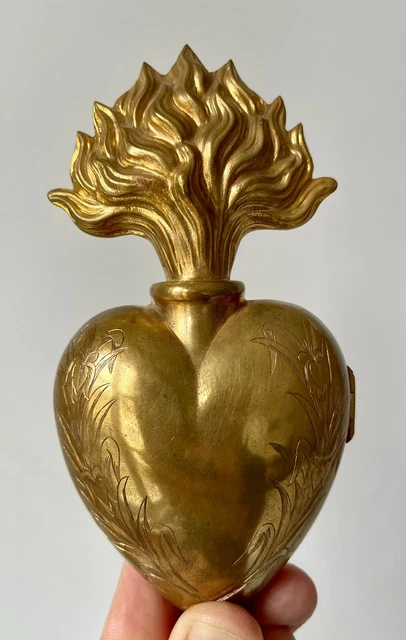ANCIEN RELIQUAIRE EX voto sacré coeur de Marie laiton antique reliquary ...