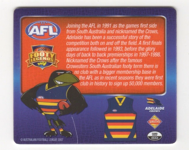 AFL TAZO CARDS. Smiths Chips Hot Shots 2008. Club Legends. Adelaide ...
