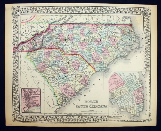 ANTIQUE 1870 COLOR Map North Carolina and South Carolina Mitchell £30. ...