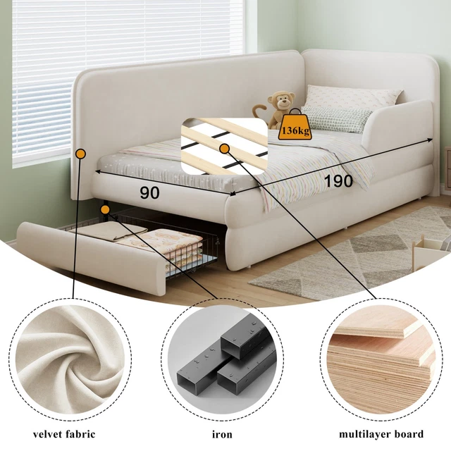 3FT UPHOLSTERED BED Frame with Side Rails & Storage Drawer at Footboard ...