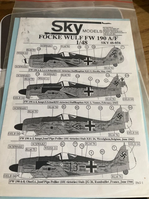 MODEL AIRCRAFT DECALS: SKY MODELS FOCKE WULF FW 190 A/F 1/48 SCALE SKY ...