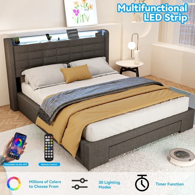 STORAGE GAS LIFT UP 3FT/4FT6/5FT DOUBLE SIZE METAL BED FRAME W/ LED ...