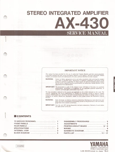 YAMAHA AX-430 INT. Amplificateur manuel d'entretien original avec garantie de remboursement EUR ...