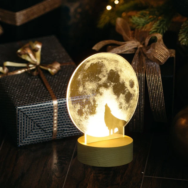 3D WOLF NIGHT Light LED Wooden Base Table Lamp USB Decorative Lights ...