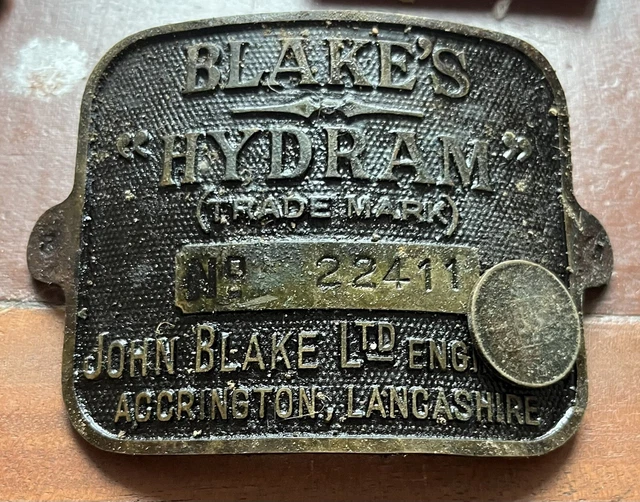 VINTAGE BLAKE’S HYDRAM Brass Name Plate - Hydraulic Ram - 120x90mm £10. ...