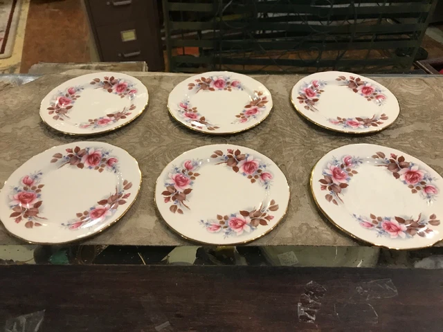 VINTAGE ANTIQUE ENGLISH Queens Ware Pink Roses Set Six Bread Dessert ...