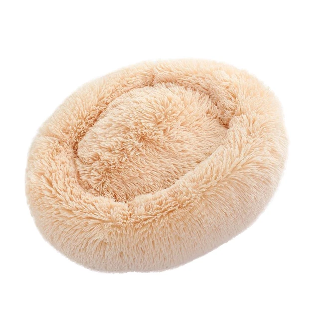 COZY PLUSH ROUND Donut Cushion Pet Bed Beige Soft Self Warming Small ...