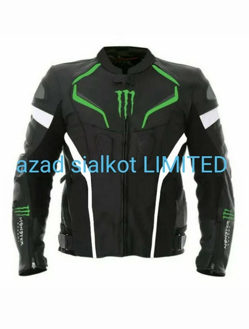 MONSTER ENERGY BLACK Cowhide Leather Armoured Biker Racing Jacket In ...