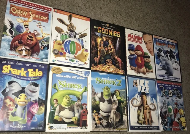 10 DVD LOT Shrek Shark Tale Ice Age Robots Happy Feet Hop Goonies Open ...