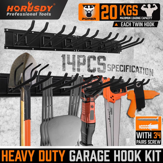 GARAGE TOOL ORGANIZATION 9pc Double Hooks Holder 64" Utility Rack Wall ...