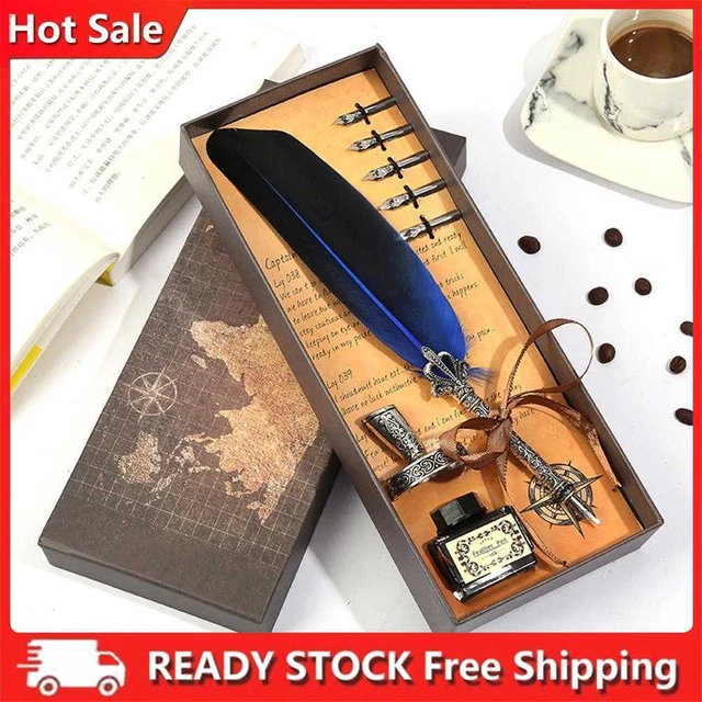 RETRO CALLIGRAPHY FEATHER Dip Pen Writing Ink Quill Fountain Pen Set ...