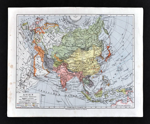 1921 ORIGINAL VINTAGE Map Of Asia China Japan Korea Singapore Saudi ...