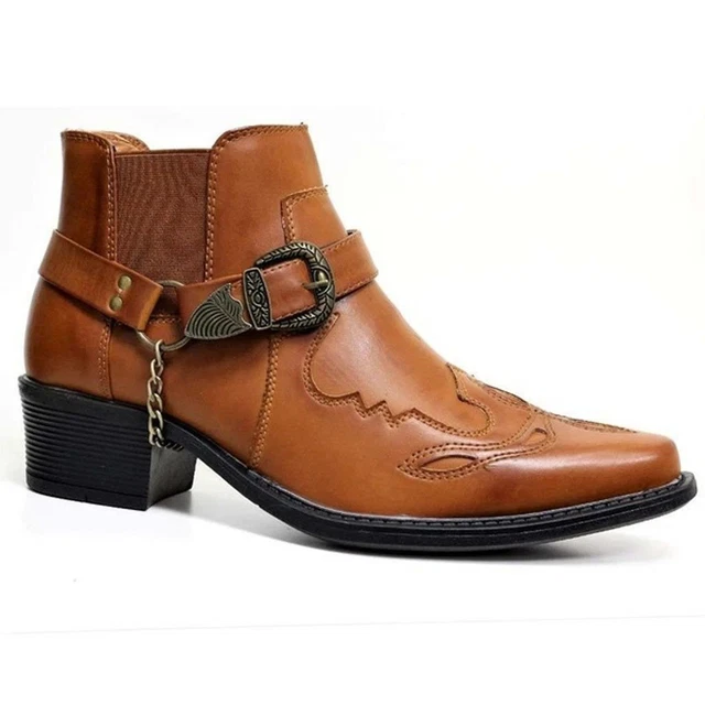 MENS COWBOY BOOTS Western Slip On Cuban Heel Ankle Harness Riding Biker ...
