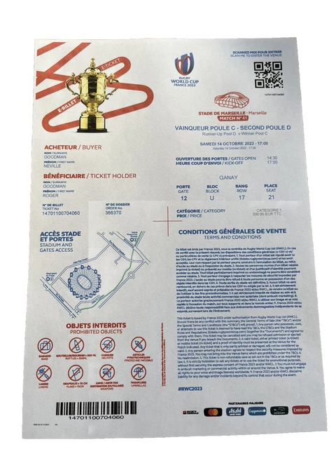 RUGBY WORLD CUP 2023 Match Ticket Quarter Final Wales V Argentina Sat ...
