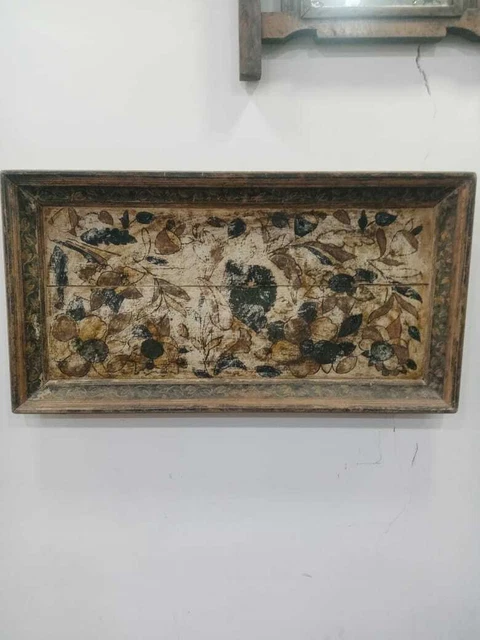ANTIQUE WOOD PAINTING Tray Hanging Hand Draw Old Panel Art Flower Paint ...