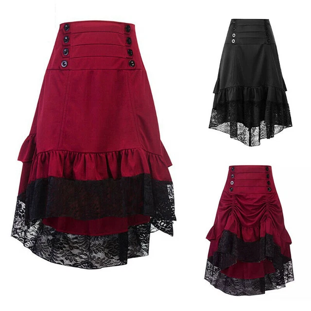 Damen Retro Hohe Taille Gothic Spitze Langer Rock Steampunk Partykleid