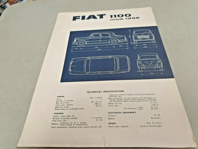 1958 FIAT 1100 Original Technical Specifications Sheet $14.95 - PicClick AU
