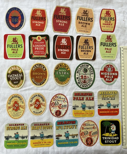 25 OLD MIXED Brewery Beer Labels, Fullers Wenlock Belhaven Oldham Etc ...