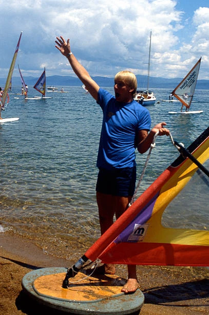 OLYMPIC GOLD MEDAL swimmer Steve Lundquist goes windsurfing 1986 Old ...