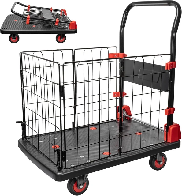 PLATFORM TRUCK CART with Cage Heavy Duty Dolly Cart, Foldable w/4 ...