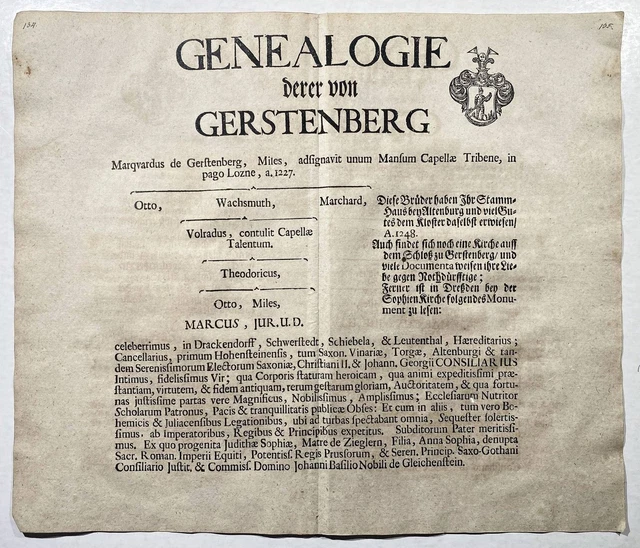 GERSTENBERG STAMMTAFEL WAPPEN Arbre Généalogique Blason 1720 EUR 24,04 ...