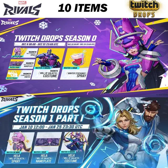 MARVEL RIVALS TWITCH Drops - All Available 10 Items - S1 + S0 Rewards £ ...