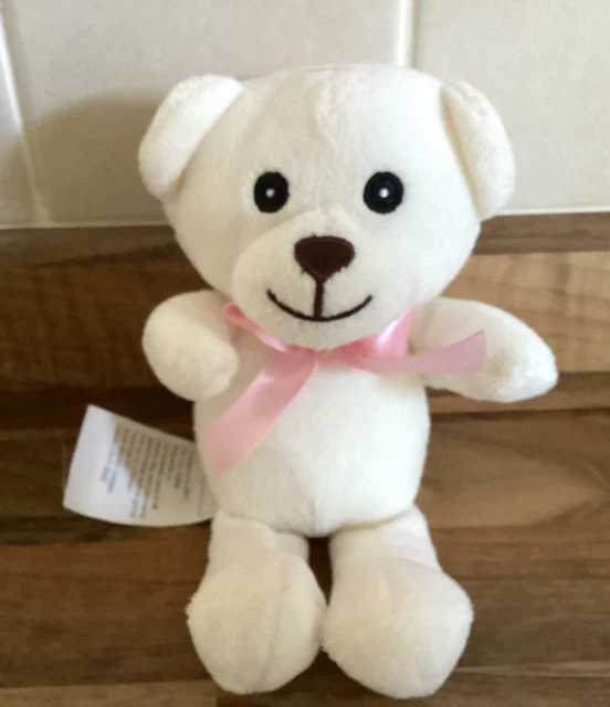 ASDA MINI TEDDY Bear White Soft Toy Cuddly Comforter + Pink Ribbon Bow ...