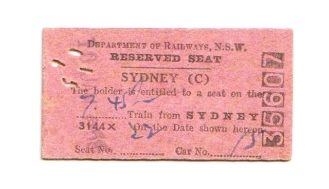 VINTAGE FIFTIES DEPARTMENT Of Railways Nsw Reserved Seat Train Ticket ...