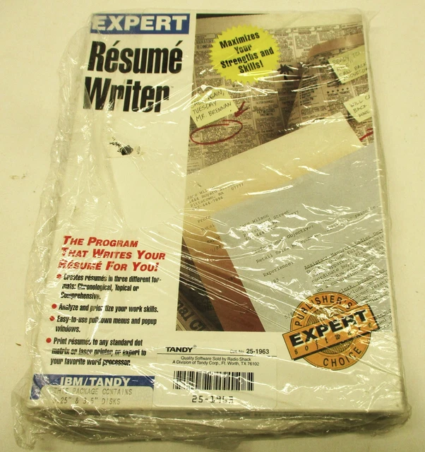 VINTAGE EXPERT RESUME Writer Software for IBM / Tandy # 25-1963 $1.99 ...