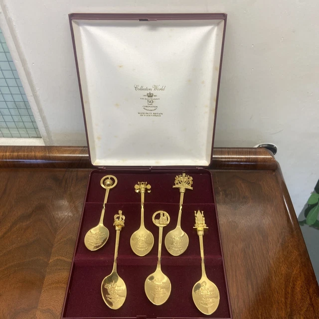 COLLECTORS WORLD 22CT GOLD FINISH 50 YR CORONATION SPOON SET Of 6 B80 £ ...