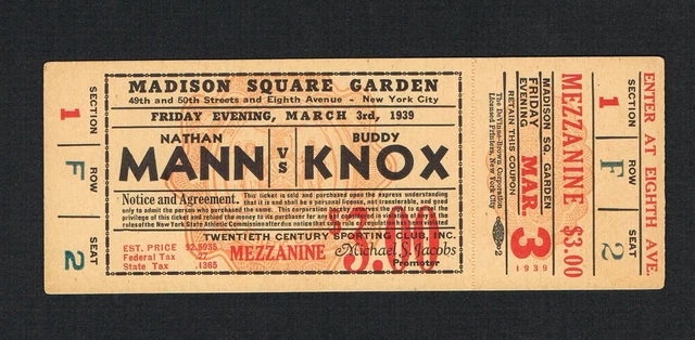 RARE 1939 MSG billet de boxe NATHAN MANN vs BUDDY KNOX Perroni Dorazio ...