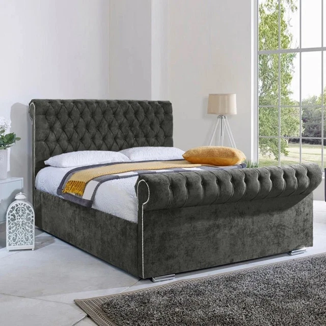 OTTOMAN SLEIGH BED Frame Plush Velvet Upholstered Gas Lift Storage ...