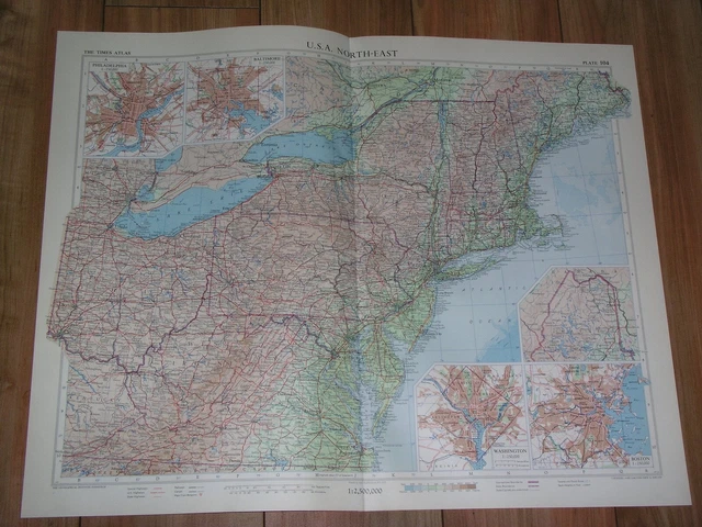 1957 VINTAGE MAP Of Northeast Usa Washington New York Scale 1:2,500,000 ...